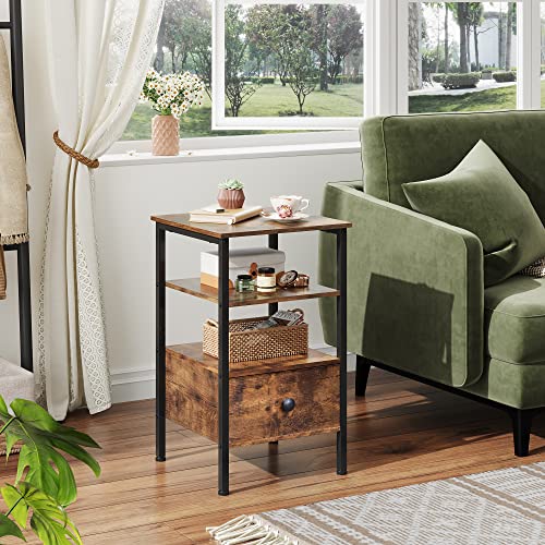 WLIVE Nightstand, Bedside Table with Adjustable Wooden Drawer, 3-Tier Night Stand for Couch, Bed, Sofa, End Table Side Table for Bedroom, Living Room, Rustic Brown…
