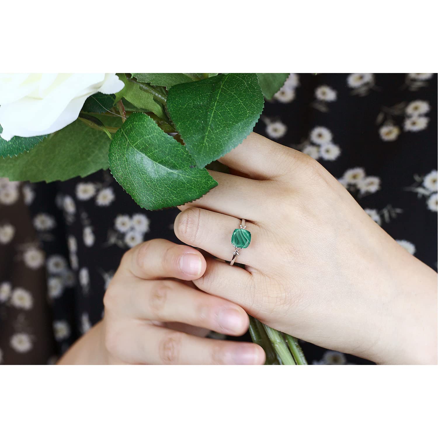 Gem Stone King 925 Silver and 10K Rose Gold Green Malachite Women Ring (3.00 Cttw, Cushion 8MM, Available In Size 5, 6, 7, 8, 9)