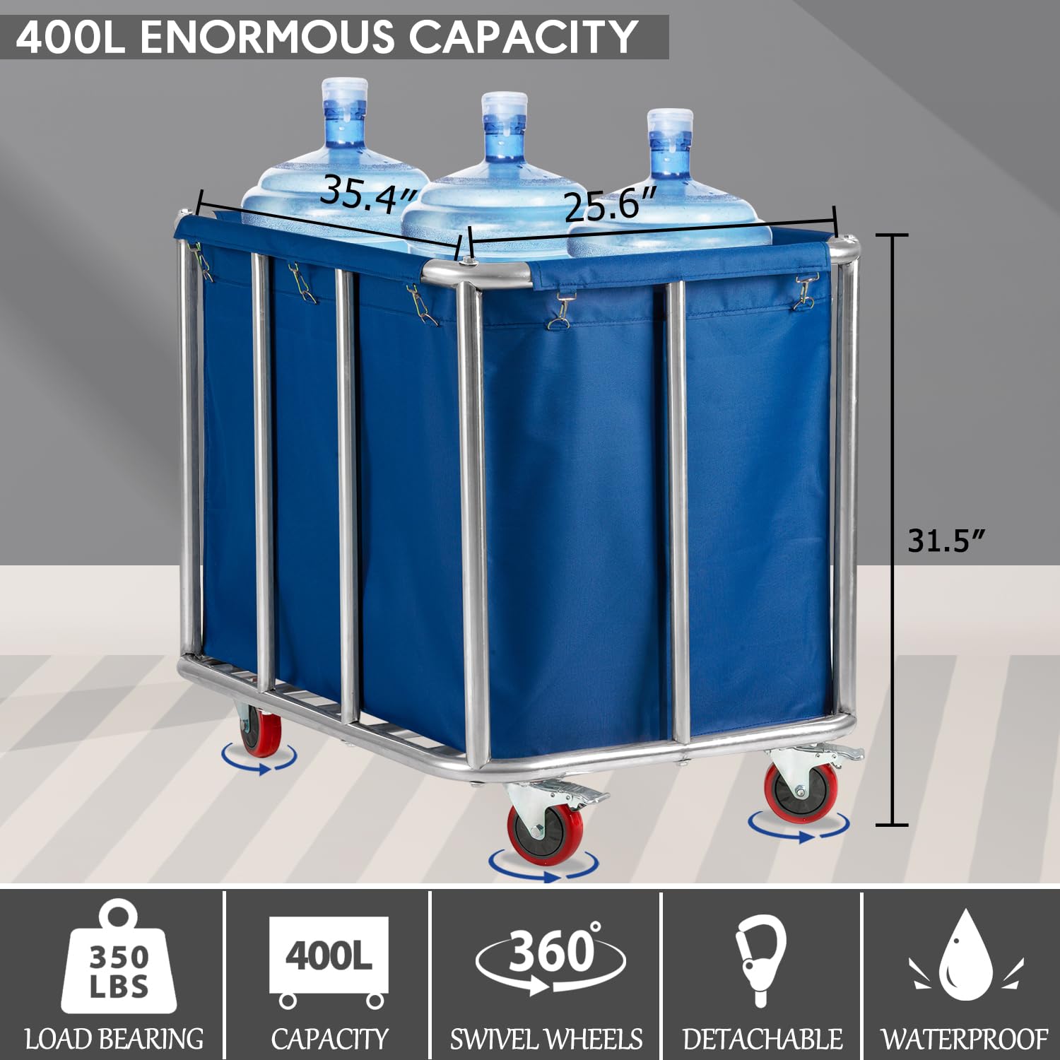 Kenpiko Commercial Laundry Cart with Wheels Heavy Duty Rolling Laundry Cart Large Laundry Baskets on Wheels with Stainless Steel Frame, 11.35 Bushel, 330LBS Load, 10 Tubes