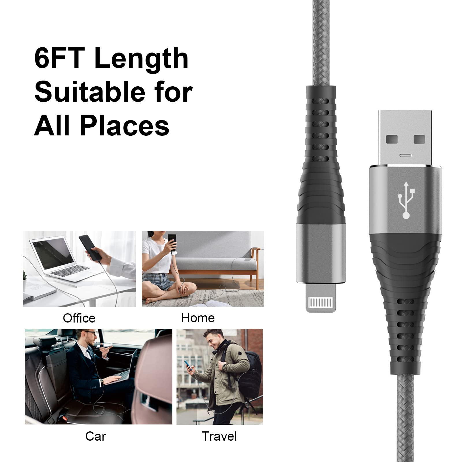 Haydyson 3Pack 6FT iPhone Charger Cable, Apple MFi Certified Lightning Cable High Speed USB Charging Cord Compatible with iPhone 13/12/Max/11Pro/11/XS/Max/XR/X/8/8P/7 and More (6FT, Grey)