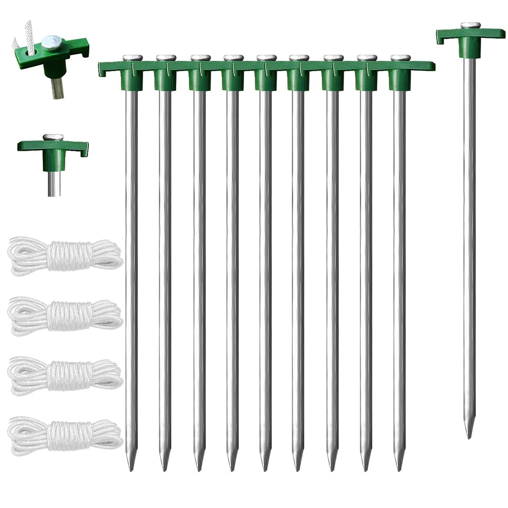 Eurmax USA Galvanized Non-Rust Camping Family Tent Pop Up Tent Stakes Canopy Anchors Heavy Duty 10pc-Pack, with 4x10ft Ropes & 1 Green Stopper
