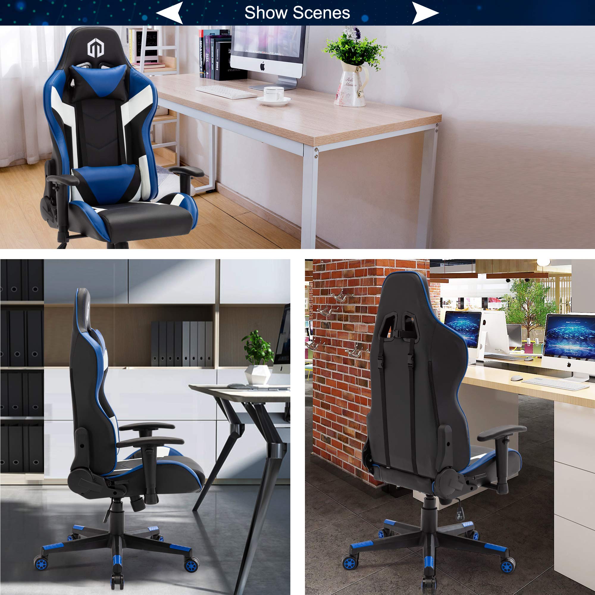 GOTMINSI Racing Gaming Chair, Adjustable High-Back Office Chair, Ergonomic Computer E-Sports Chair with PU Leather Headrest and Lumbar Support. (BK/Blue)