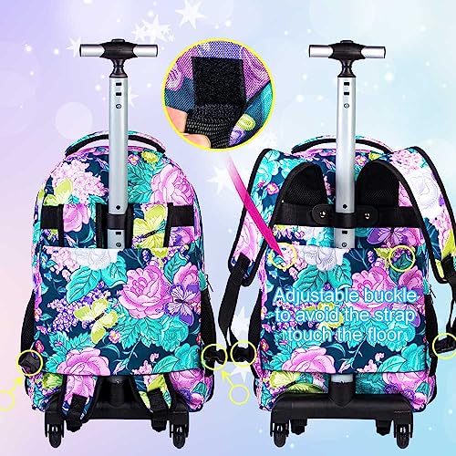 Rolling Backpack for Girls, 21 Inch Water Resistant Flowers Butterfly Bookbag with Roller Wheels, Elementary Wheeled Backpacks for Teens Students School Travel