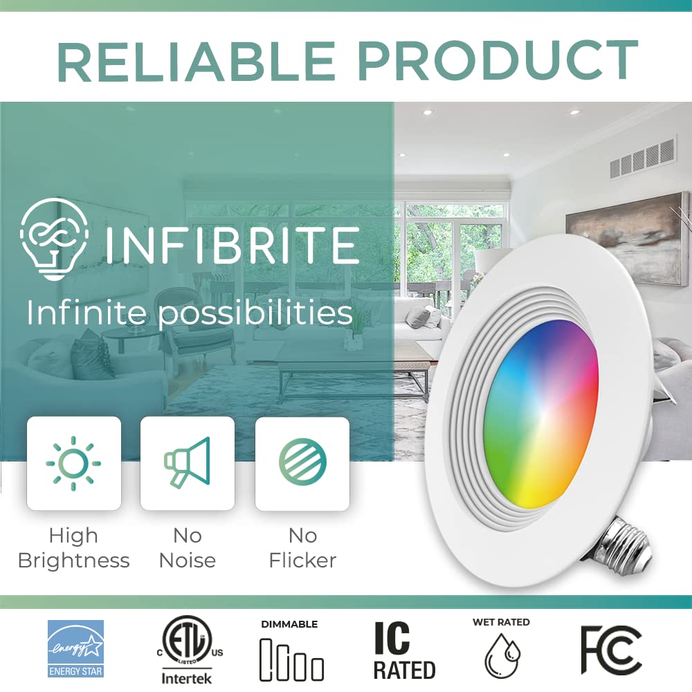 INFIBRITE 4 Inch Smart Recessed Light, Color Changing and Tunable White, WiFi Retrofit LED Downlight E26 Base, No Hub, Works with Alexa and Google, Dimmable, 810LM, CRI90, RGBCW, Wet Rated (12 Pack)