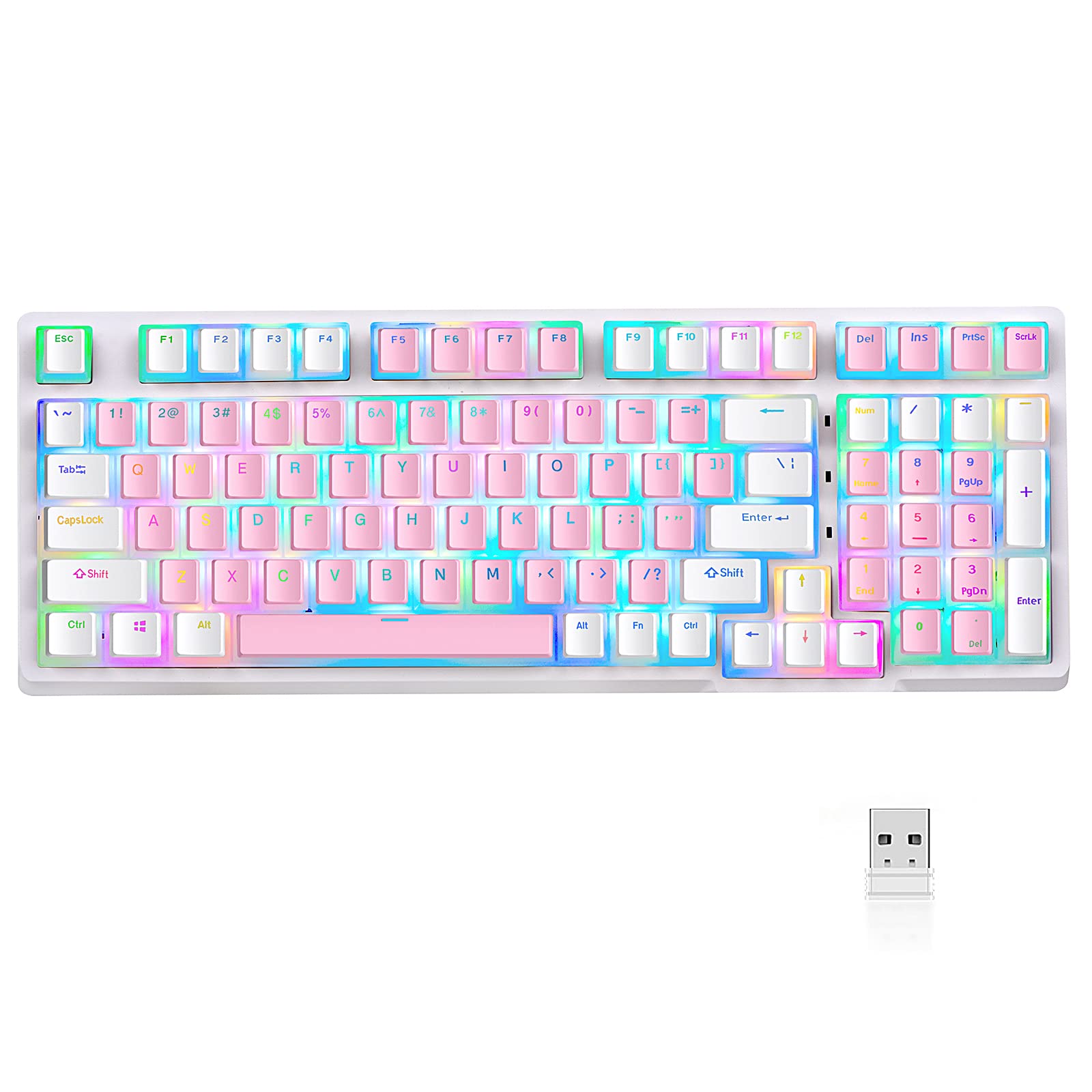 KOLMAX 98Key RGB Hot-swappable Mechanical Gaming Keyboard, 2.4G Wireless/BT5.0/Wired with PBT Double-Shot Pudding Keycaps Pink-White Gaming Keyboard for Mac & Win Programmable Macro (Pink Switches)