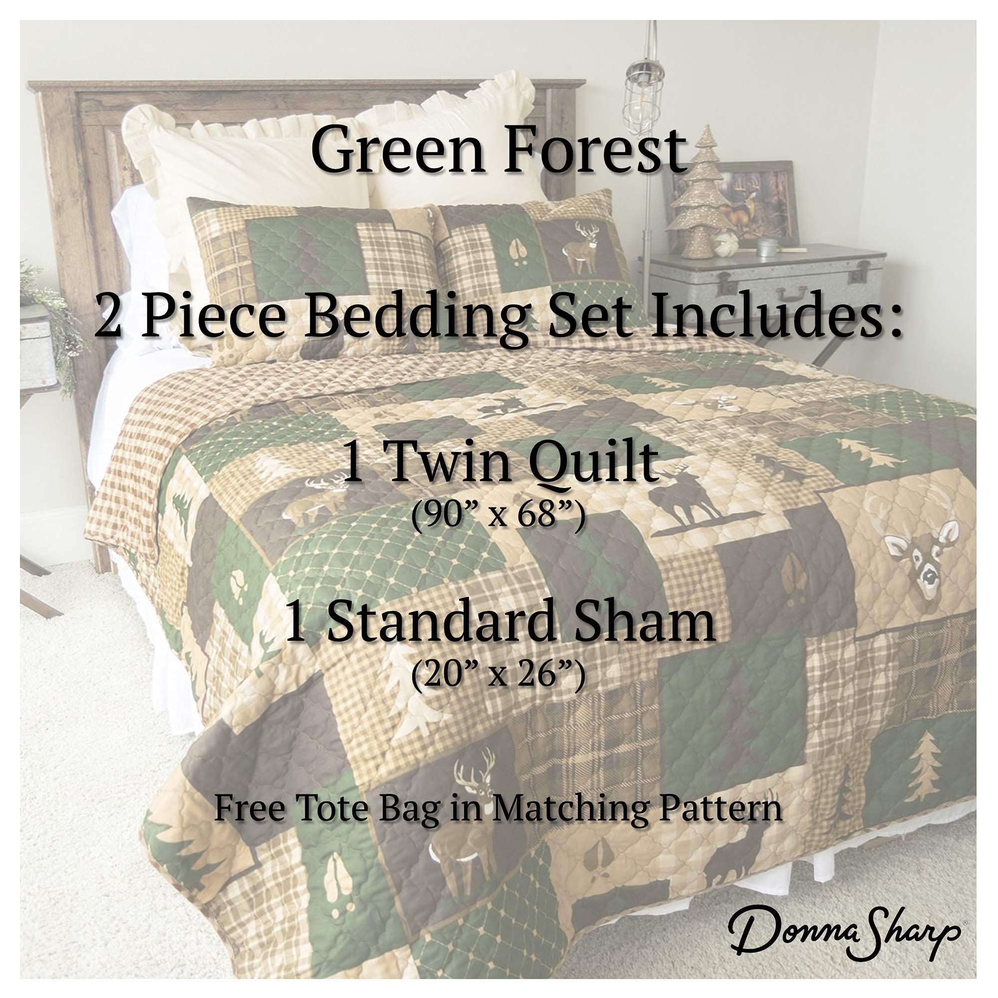 Donna Sharp Twin Bedding Set - 2 Piece - Green Forest Lodge Quilt Set with Twin Quilt and One Standard Pillow Sham - Machine Washable