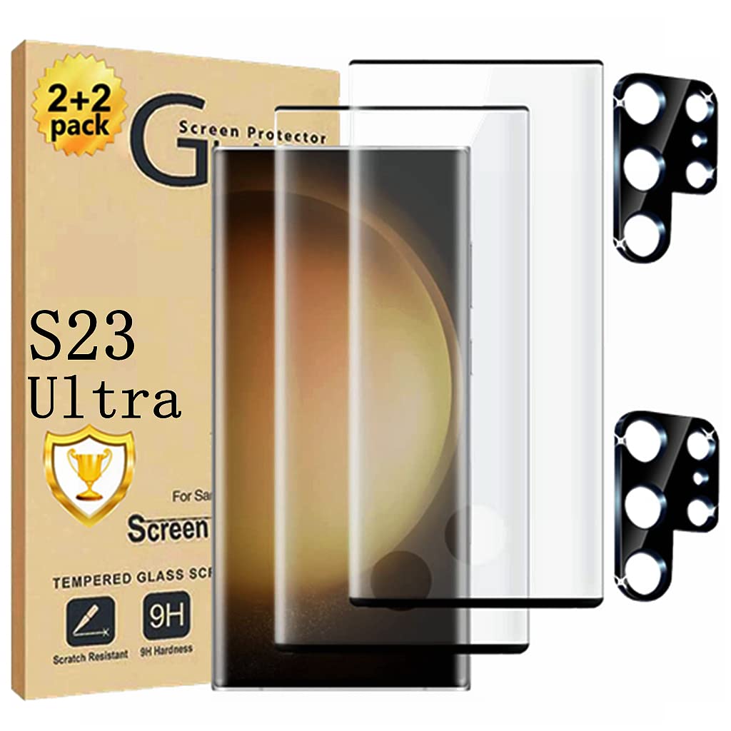 Micger Galaxy S23 Ultra Screen Protector 【2+2 Pack】2 Pack Tempered Glass Camera Lens Protector, Compatible Fingerprint, Easy Installation, 3D Glass Full Coverage 9H Hardness Tempered Glass Screen Protector for Samsung Galaxy S23 Ultra 5G