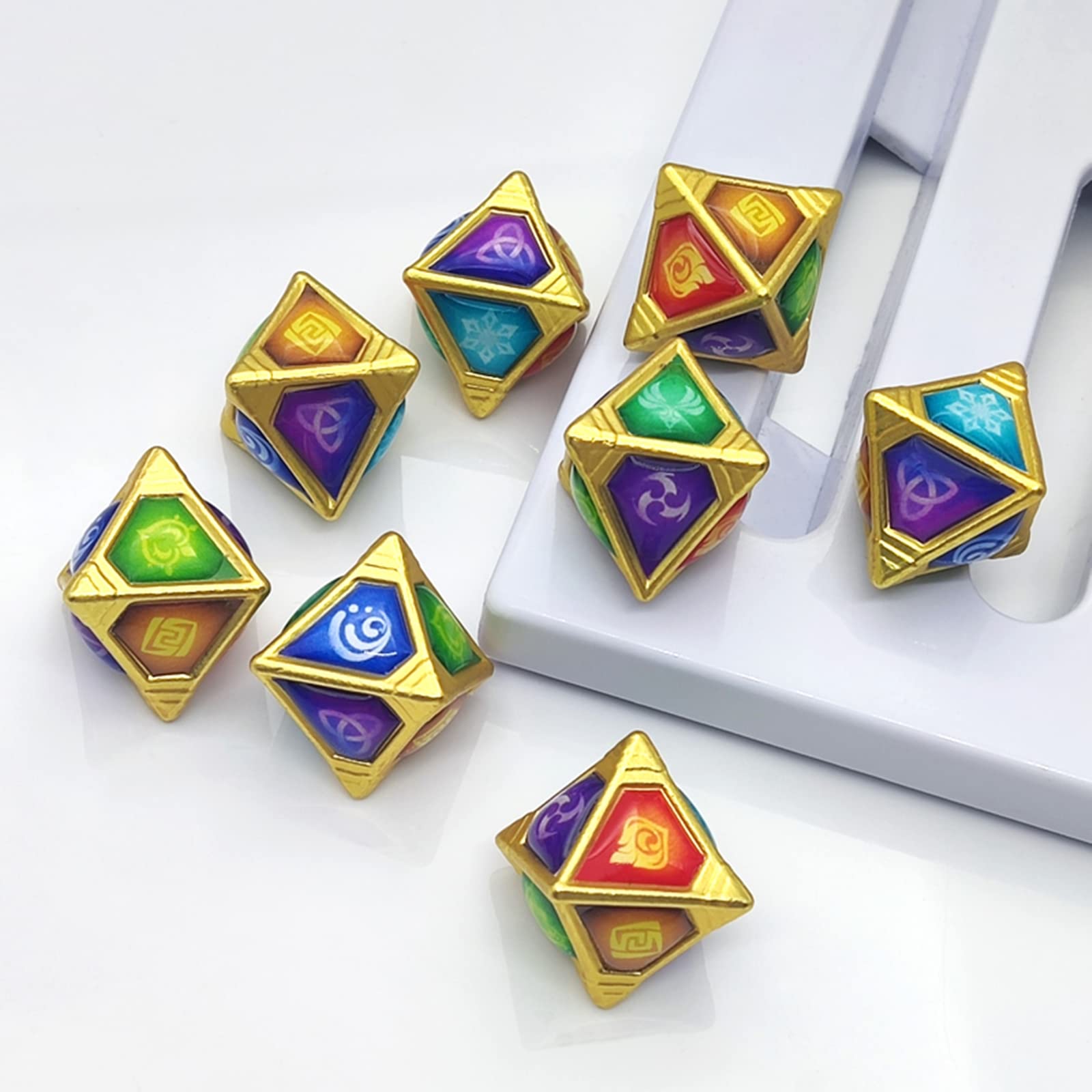 Genius Invokation Dice Set Sharp Edge Zinc Alloy Dice for Genshin Impact,Genshin Vision Polyhedral Role Playing Gaming Dice 8pcs