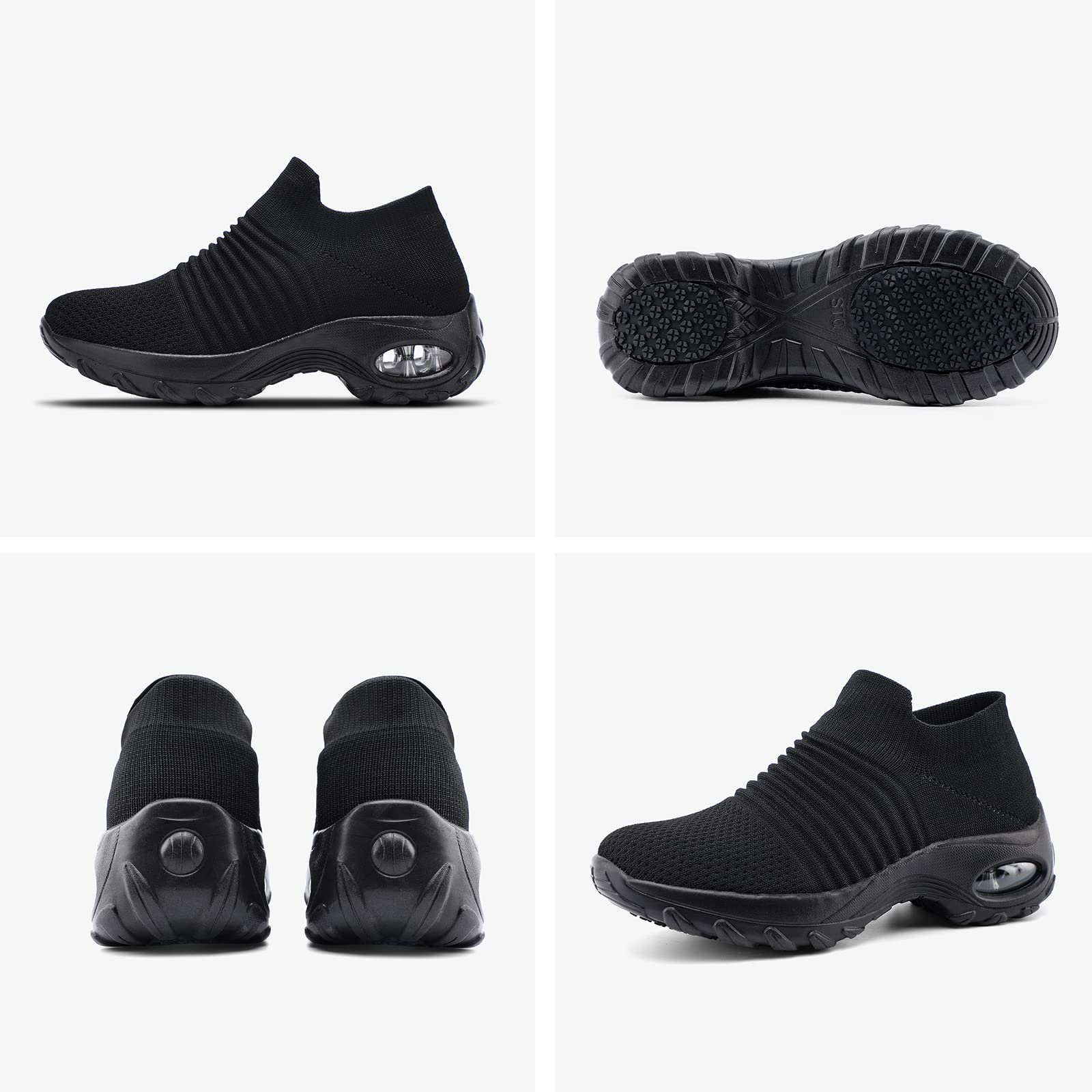 HKR Womens Walking Shoes Slip On Light Weight Mesh Platform Nursing Shoes Air Cushion Sneakers All Black 8.5(1839 EU 40.5)