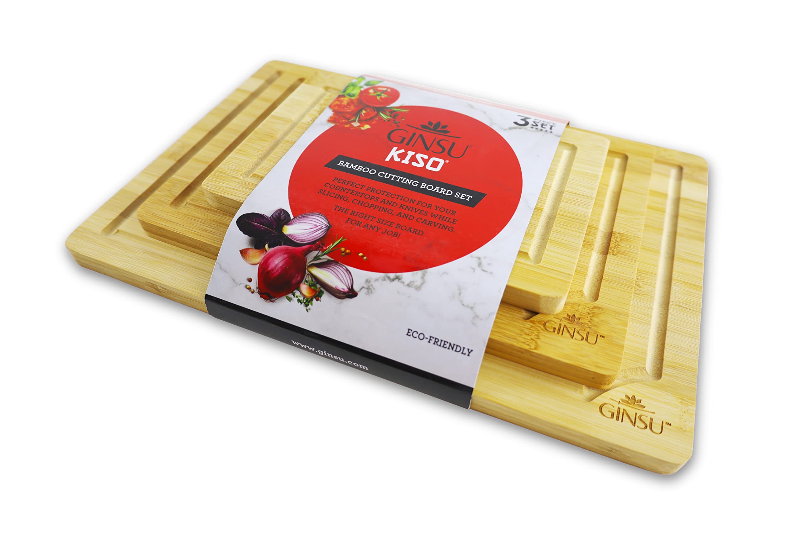 Ginsu Cutting Board Set – 3Pcs Bamboo Cutting Board for Chopping, Slicing, Dicing – Heavy Duty Butcher Block Countertop Household Supplies – Protects Cooking Surface, Knife Blade