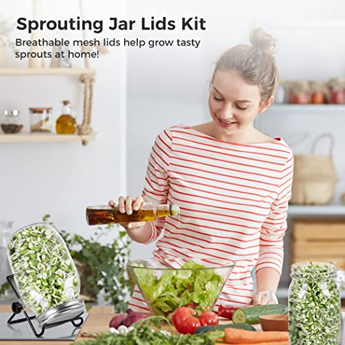 Homaisson 4 Packs Sprouting Jar Lids Sprouting Stand, Stainless Steel Mason Sprouting Jar Lids with 4 Jar Stands, 3.39inch Breathable Wide-Mouth Sprouting Jar Lids for 3.39inch Mason Jars, Grow Bean Sprouts, Broccoli Seeds, Alfalfa,
