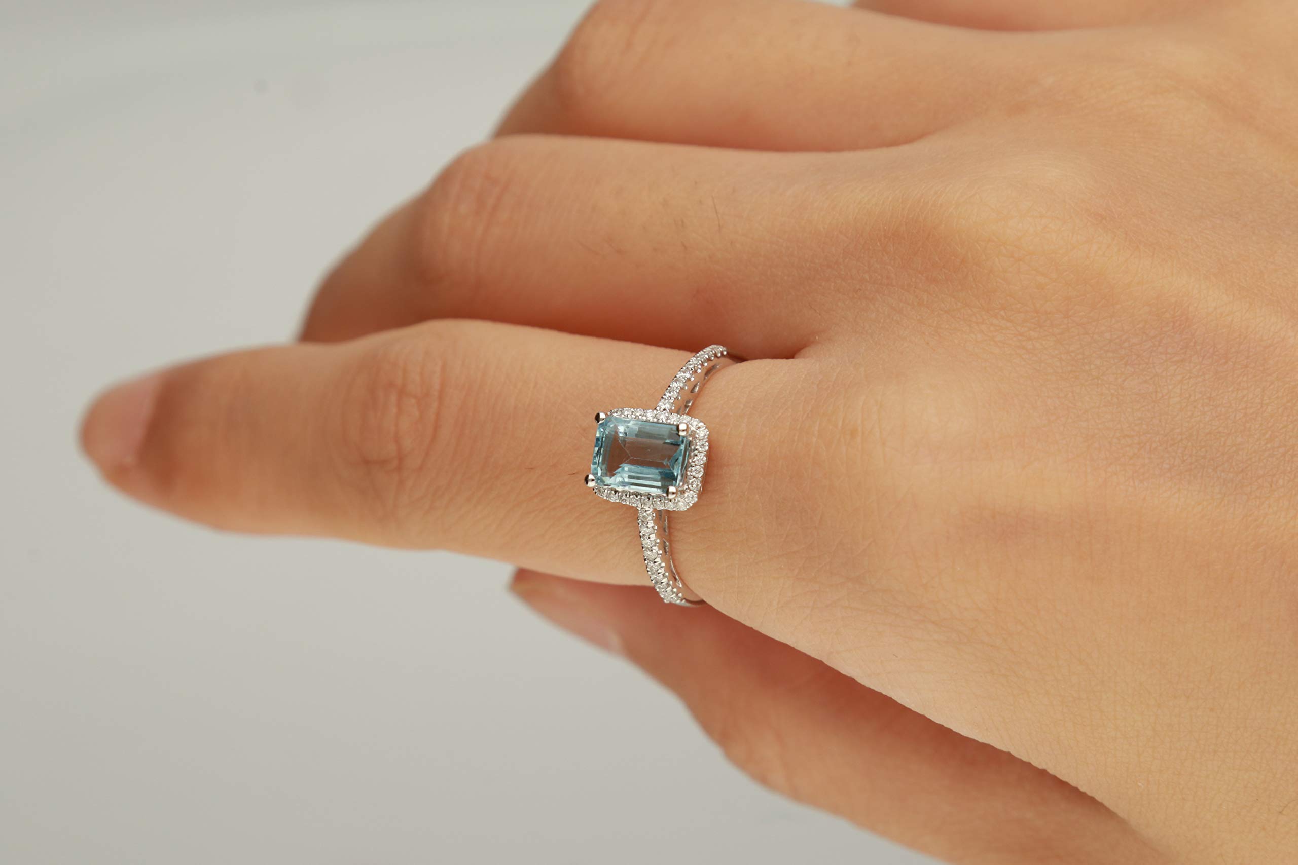 Gin & Grace 10K White Gold Genuine Aquamarine Ring with Diamonds for Women | Ethically, authentically & organically sourced (Emerald-Cut) Shaped Aquamarine Hand-Crafted Jewelry for her.