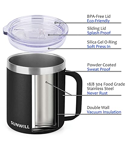 SUNWILL Coffee Mug with Handle, 14oz Insulated Stainless Steel Reusable Coffee Cup, Double Wall Coffee Travel Mug, Powder Coated Black