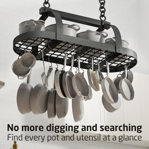 KES 48 Inch Large Hanging Pot Rack, Heavy Duty Oval Pot and Pan Hanging Rack Ceiling Mount, Pot Pan Hangers for Kitchen with 20 Hooks, Matte Black, (For 16" and 24" Stud Mount), KUR225S122-BK