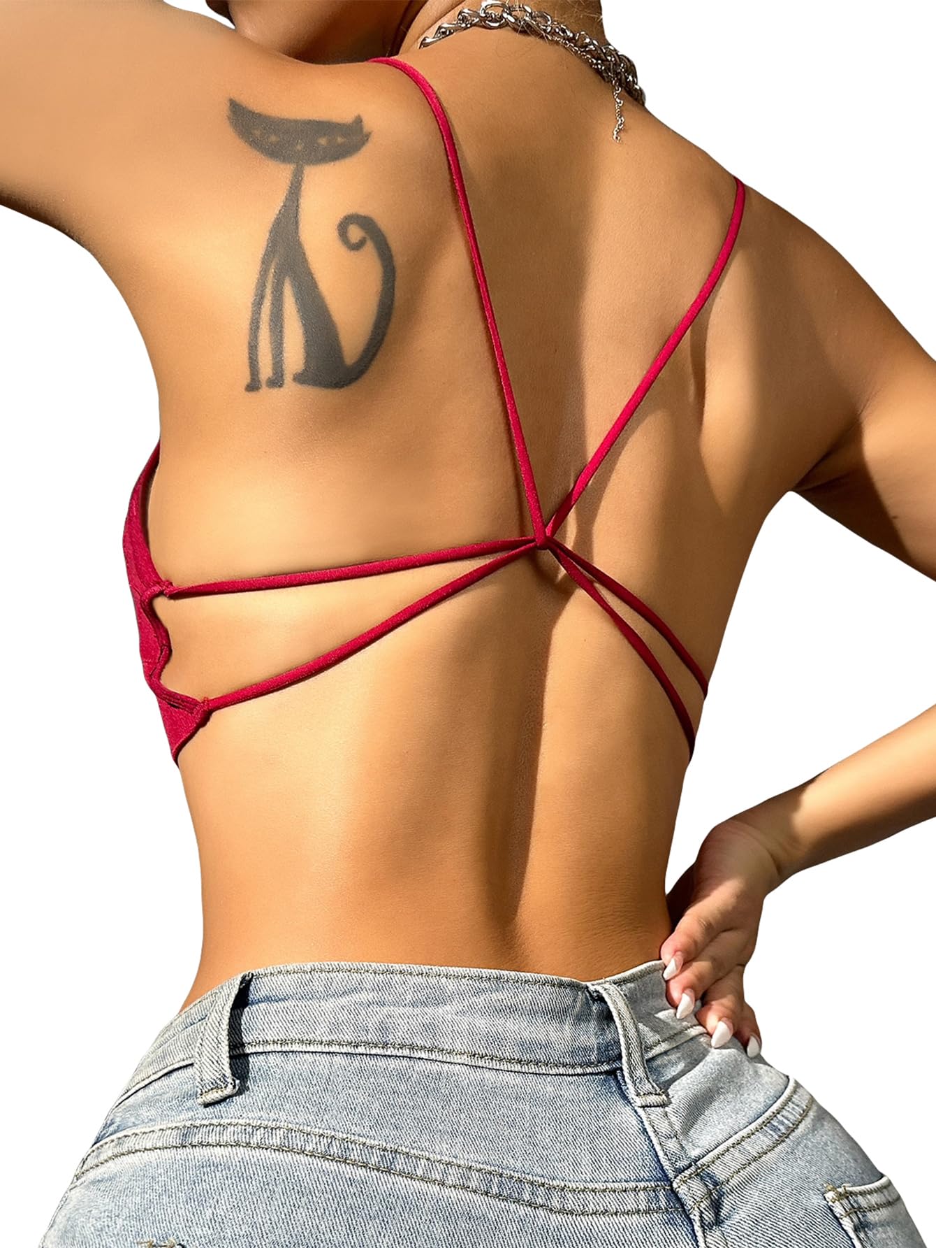 GORGLITTER Women's Strappy Backless Tank Top Workout Seamless Yoga Sport Bra Rose Red Medium