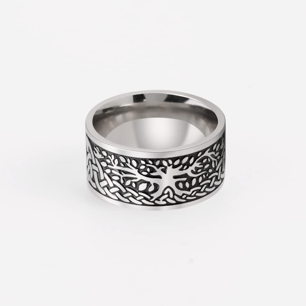 Hipee Celtic Knot Pattern Ring, Stainless Steel Jewelry for Men Women, 10mm Wide, 2mm Thick (Tree of Life, 10)