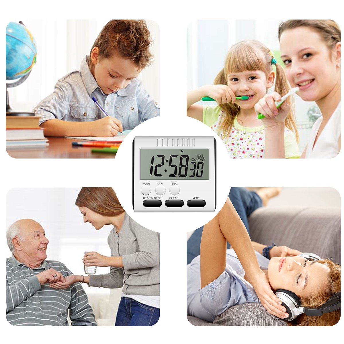 Hour Minute Second Count Up Countdown Digital Kitchen Timer, Big Digits, Loud Alarm, Magnetic Backing, Retractable Stand, 3 Pack Black