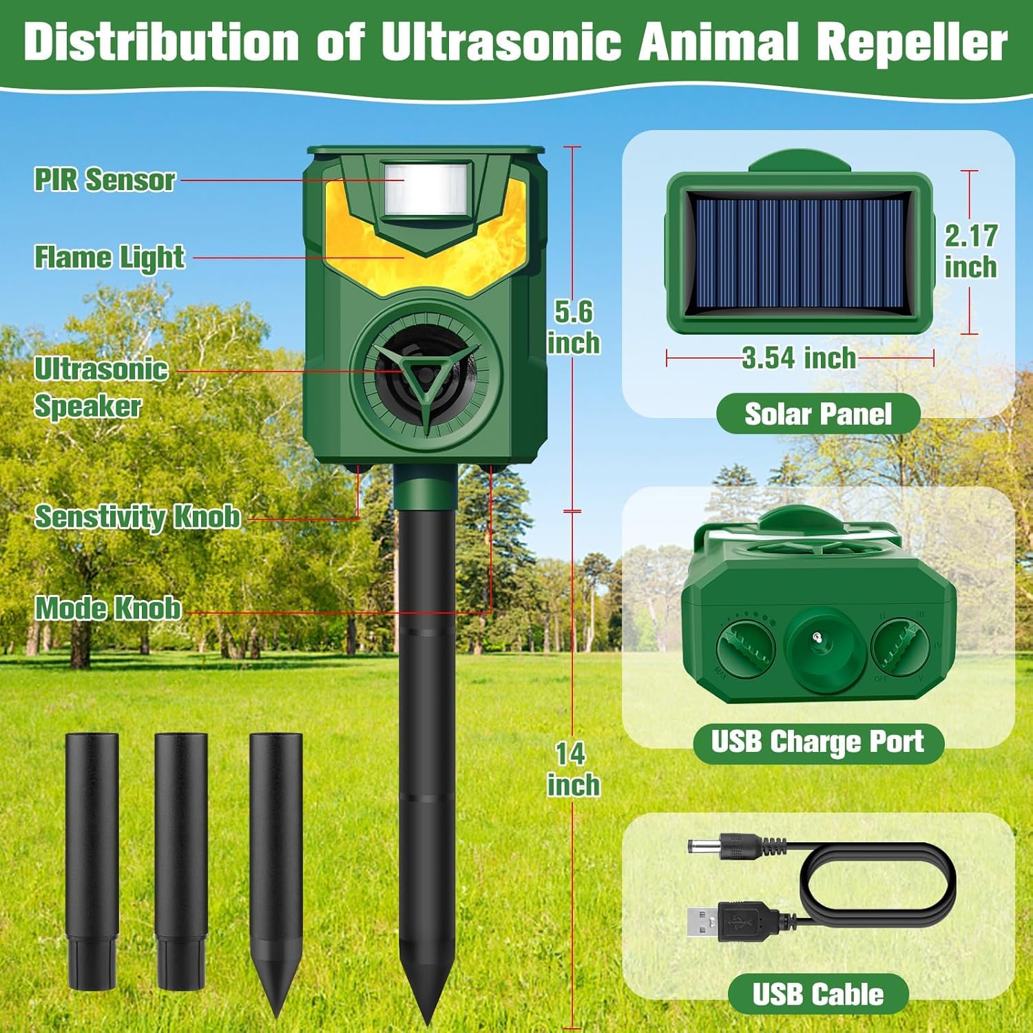 Ultrasonic Animal Repeller, 2024 Upgraded Cat Scarer Devices with Flame Light, Solar Powered Deer Repellent for Garden Outdoor with Motion Sensor, Repel Dogs Bird Skunk Rabbit Squirrels Raccoon