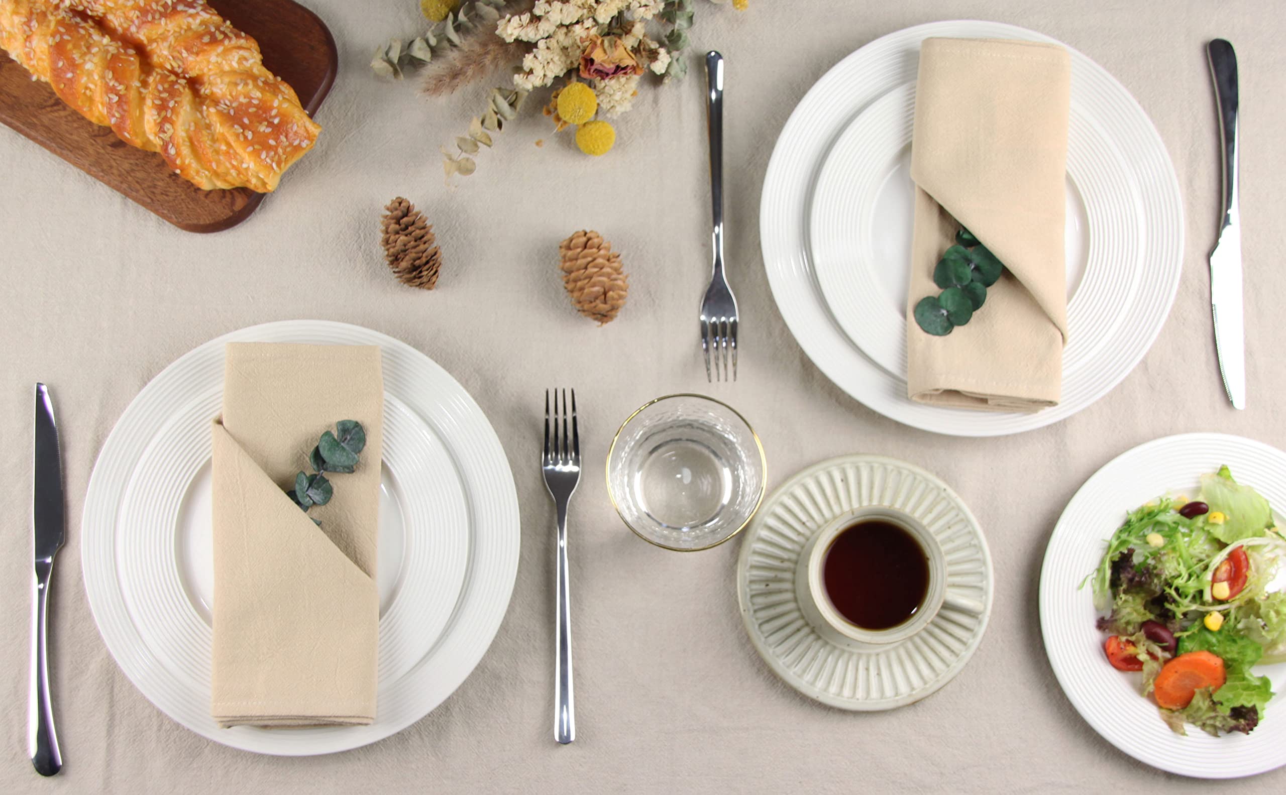 INFEI Plain Color Dinner Cloth Napkins, Set of 12 (16.9 x 16.9 Inches), Reusable Cotton Kitchen Table Napkin, for Cocktail Parties, Weddings, Hotel & Home Use (Linen)