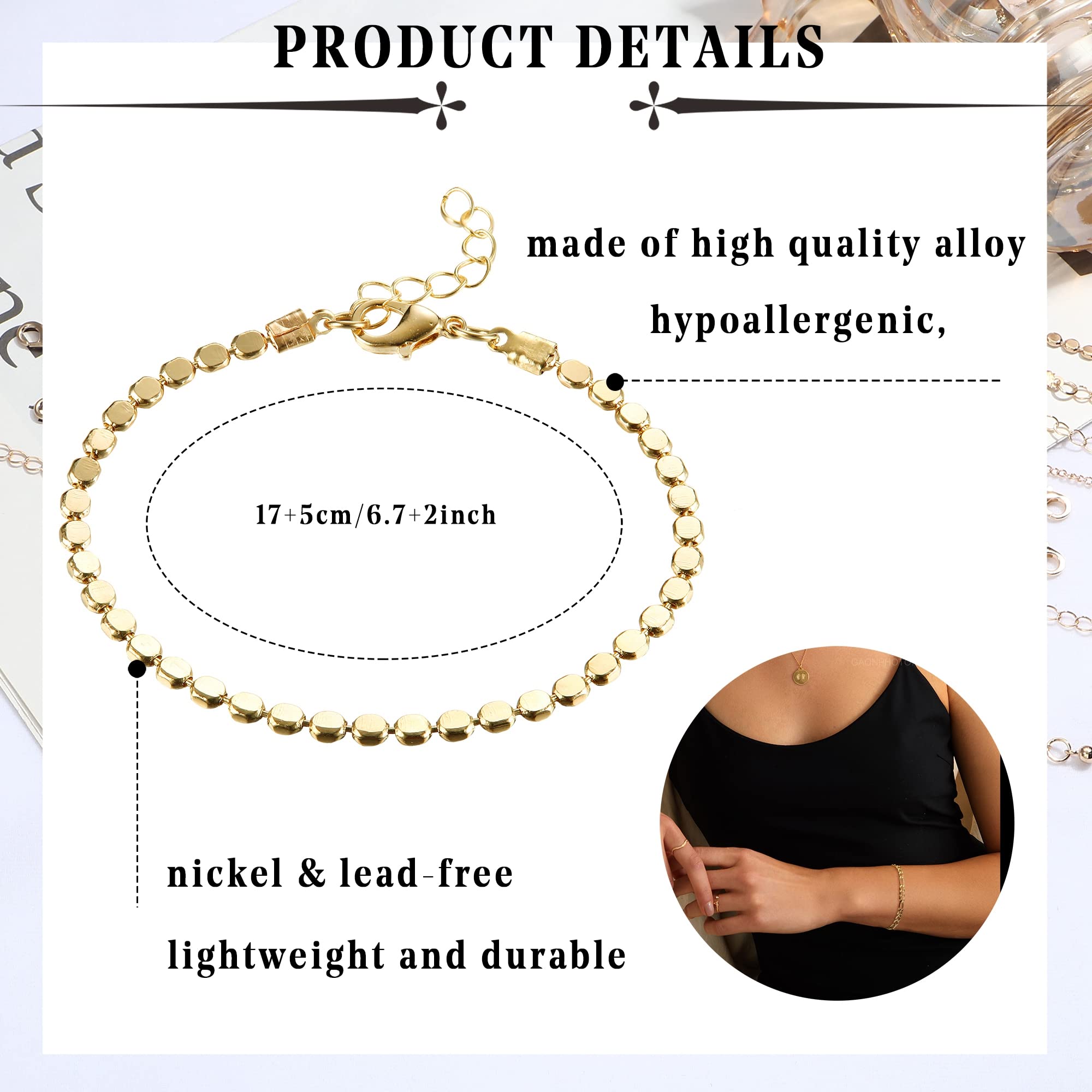 FINREZIO 12PCS Gold Chain Bracelets Set for Women, Dainty Link Beaded Cuban Chunky Cable Chain Bracelets, 14K Gold Plated Stackable Bracelets Adjustable Jewelry