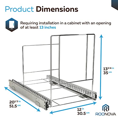 ROONOVA: Pull Out Bin Rack | Durable Chrome Finish & Adjustable Frame | Heavy Duty Steel | Slides Under Kitchen Cabinet | Trash Can Clips | Compatible with Various Size Bin | Trash Can Not Included