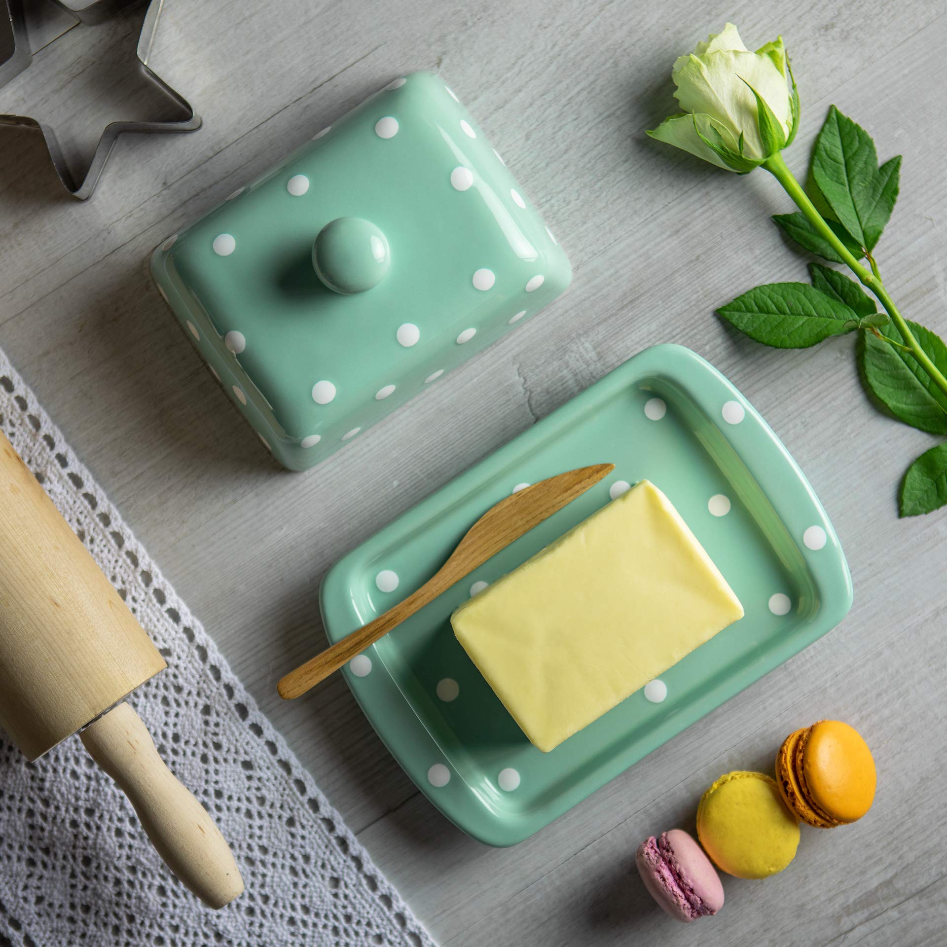 Handmade Ceramic European Covered Butter Dish With Lid | Unique Teal and White Polka Dot Pottery Butter Keeper | Housewarming Gift by City to Cottage®