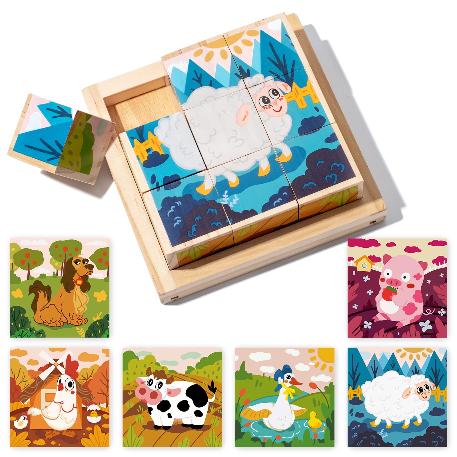 JOCY Wooden Block Puzzle Toddler 1-3-5 Years Kid Montessori Learning Games Educational Interactive Toys, Preschoolers Cube Puzzle with Storage Tray - 6 Puzzles 1 (Farm)