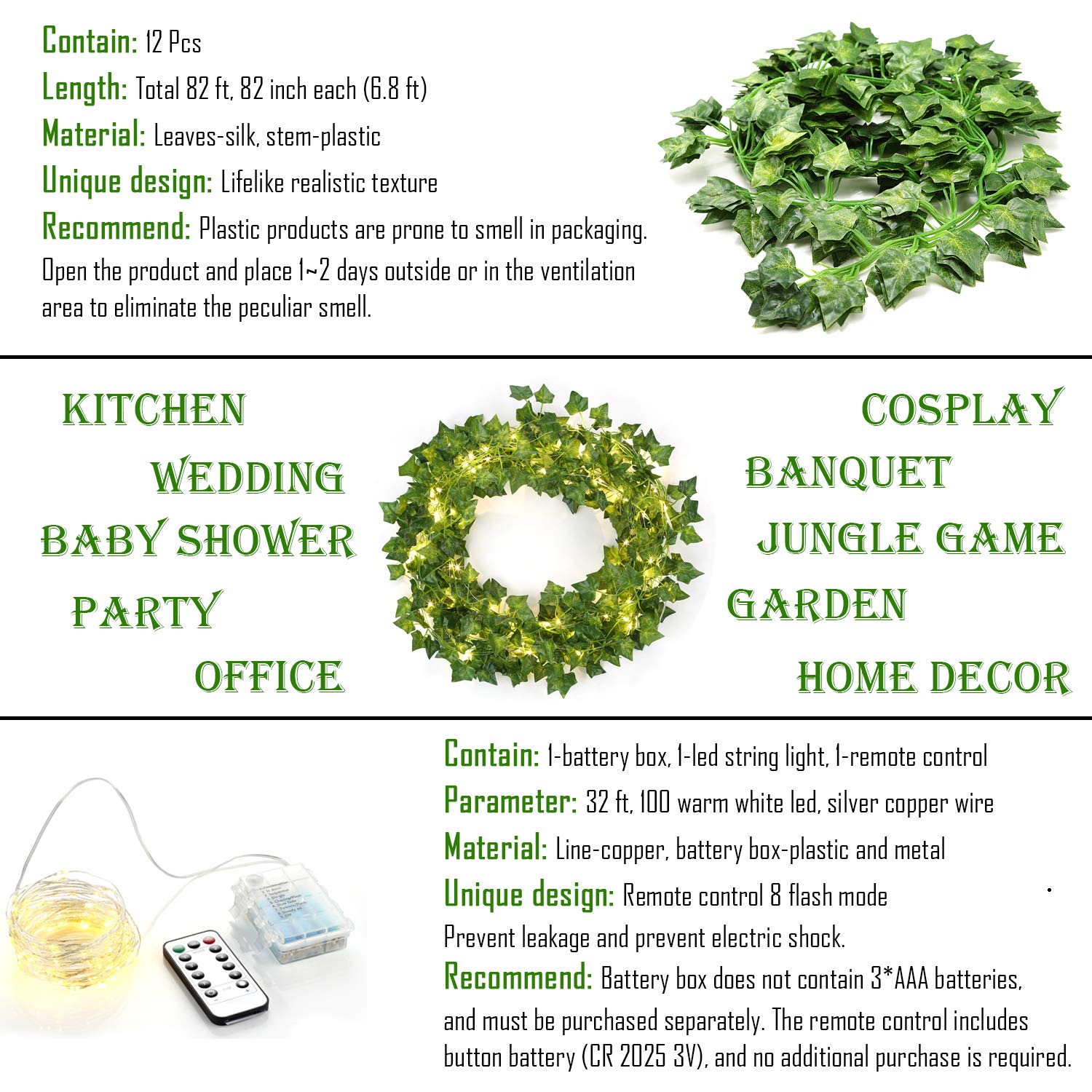 GPARK 84Ft 12Pack / Each 82 inch Artificial Ivy Garland Fake Vines Leaf Plants with 100 LED (32ft) String Lights and Remote Control Hanging for Window Backdrop Bedroom Party Room Garden Wall