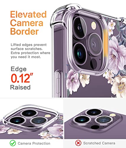 ROSEPARROT Designed for iPhone 14 pro max Case with Tempered Glass Screen Protector + Camera Lens Protector, Clear with Floral Pattern Design, Shockproof Protective Cover (Anemone Blooms)