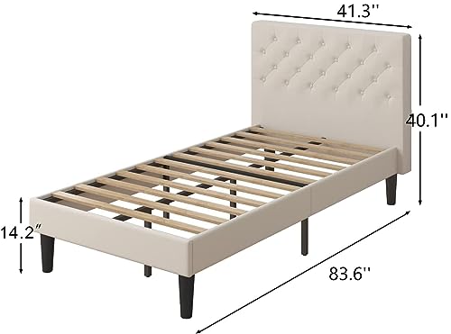 HOMBCK Twin Bed Frame, Upholstered Bed Frane Twin with Button Tufted Headboard, Linen Fabric Modern Bed Frame, Sturdy Wood Slat Support, No Box Spring Needed, Beige