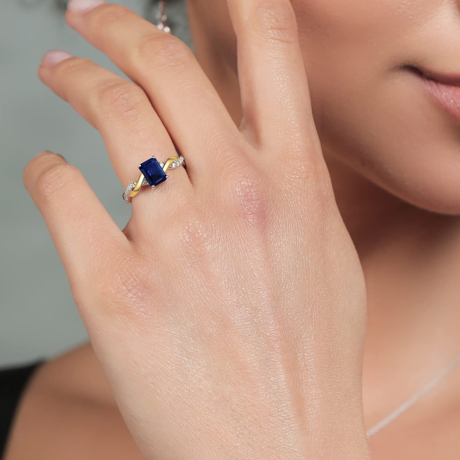 Gem Stone King 925 Silver and 10K Yellow Gold Gemstone Birthstone and Lab Grown Diamond Engagement Ring | Emerald Cut 7X5MM | Wedding Engagement Anniversary Promise Ring For Women