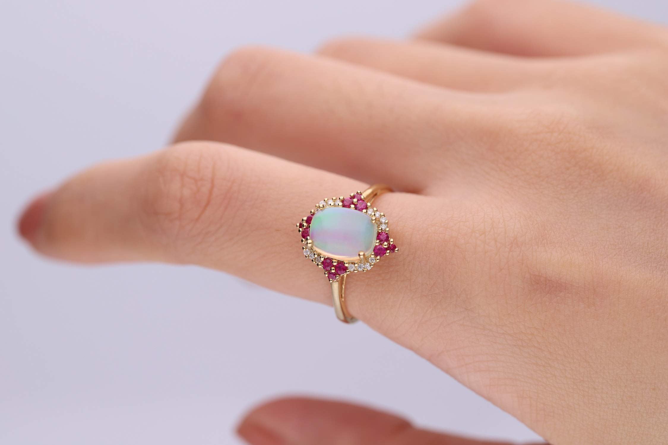 Gin & Grace 14K Rose Gold Natural Ethiopian Opal Ring with Real Diamonds for Women | Ethically, authentically & organically sourced (Cushion) Shaped Opal Jewelry for her | Opal Ring for Women