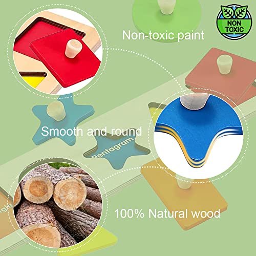 Geometric Shape Pegged Puzzle Learning Montessori Educational Preschool Toys Wooden Shape Peg Puzzles with Knobs for Toddlers and Preschoolers Ages 12 Months Up