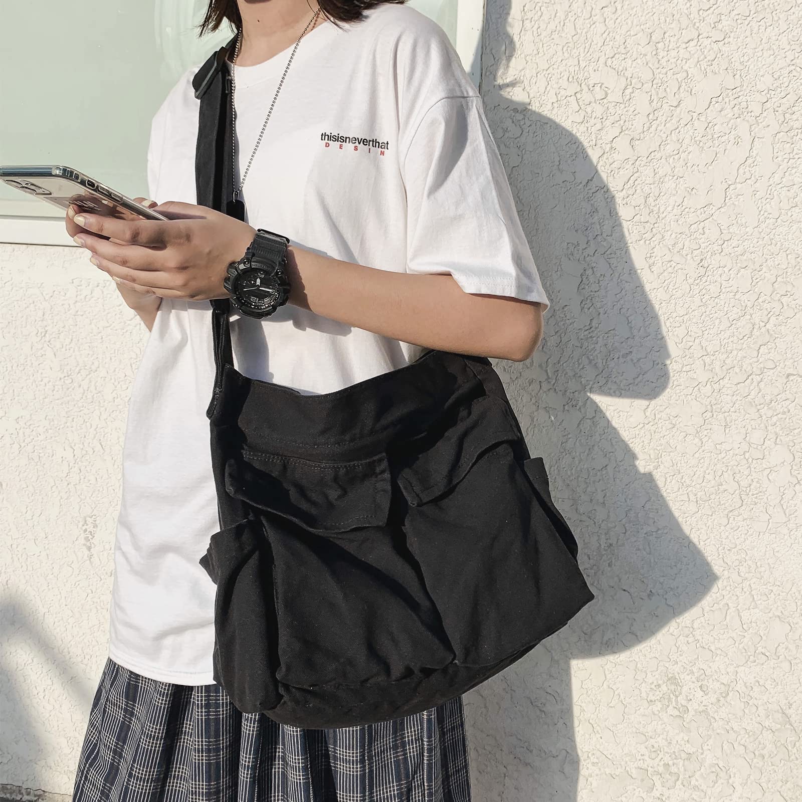 Freie Liebe Women Canvas Tote Bag with Multiple Pockets Large Hobo Bag Crossbody Shoulder Bag