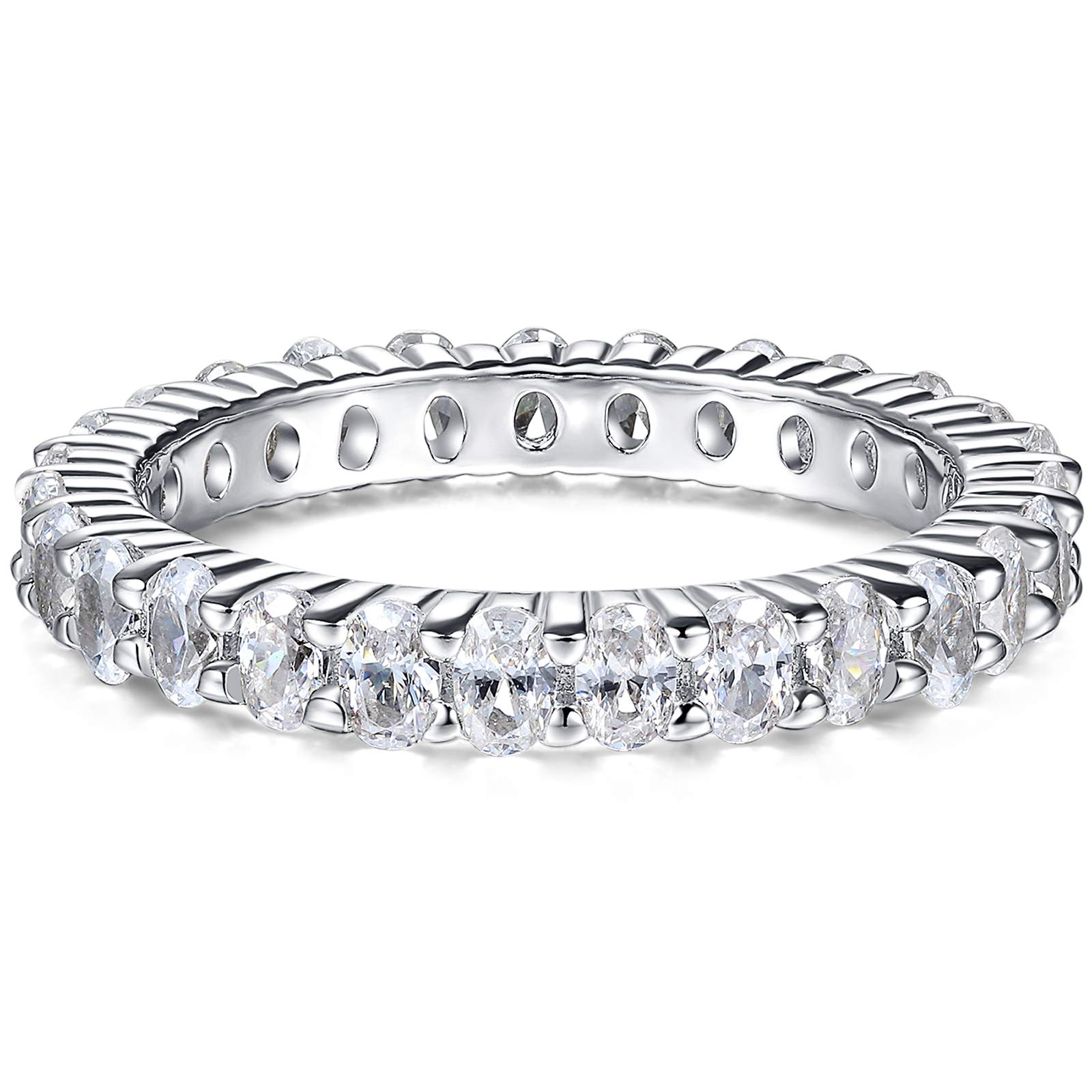 espere Rhodium Plated Sterling Silver Oval Cut CZ Stacking Eternity Ring Full Eternity Band | 3mm Cubic Zirconia Wedding Band Women's Stackable Promise Rings