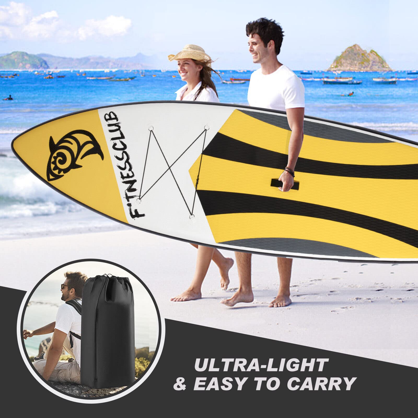 Fitnessclub 10'x32''x5'' Inflatable Stand Up Paddle Board,Yoga Board,Camera Seat, Floating Paddle with SUP Accessories, Adjustable Paddle,10L Waterproof Bag,Pump, Backpack for Youth Adult(Yellow)