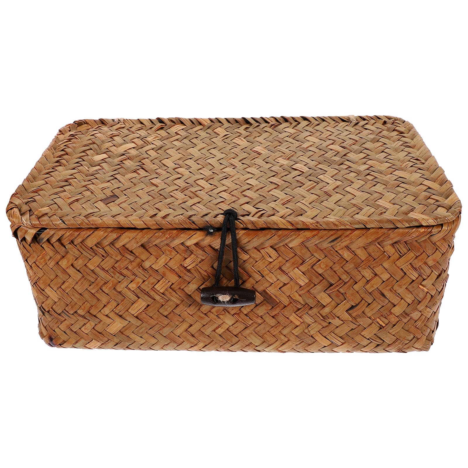 Gatuida Rectangular Wicker Baskets with Lids, Seagrass Storage Baskets with Button Multipurpose Container for Desktop,Size S