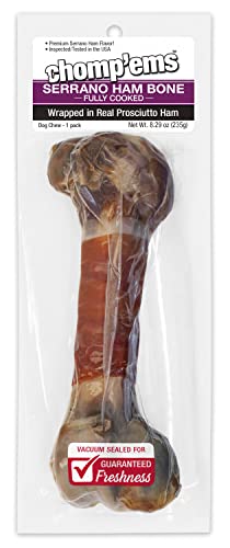 Ruffin' It Chomp'ems Serrano Ham Bone Wrapped with Prosciutto, 1 Pack - Healthy, Protein Rich Treats for Dogs - Long Lasting Dog Chews