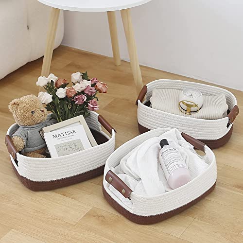 ECDYQXVU Cotton Rope Storage Basket, 14x11x5 IN, Oval Storage Bins, Decorative Woven Basket Cube Storage Organizer for Nursery, Laundry, Towel, Clothes, Toy, Cosmetics, Books (White/Browm-3Pack)