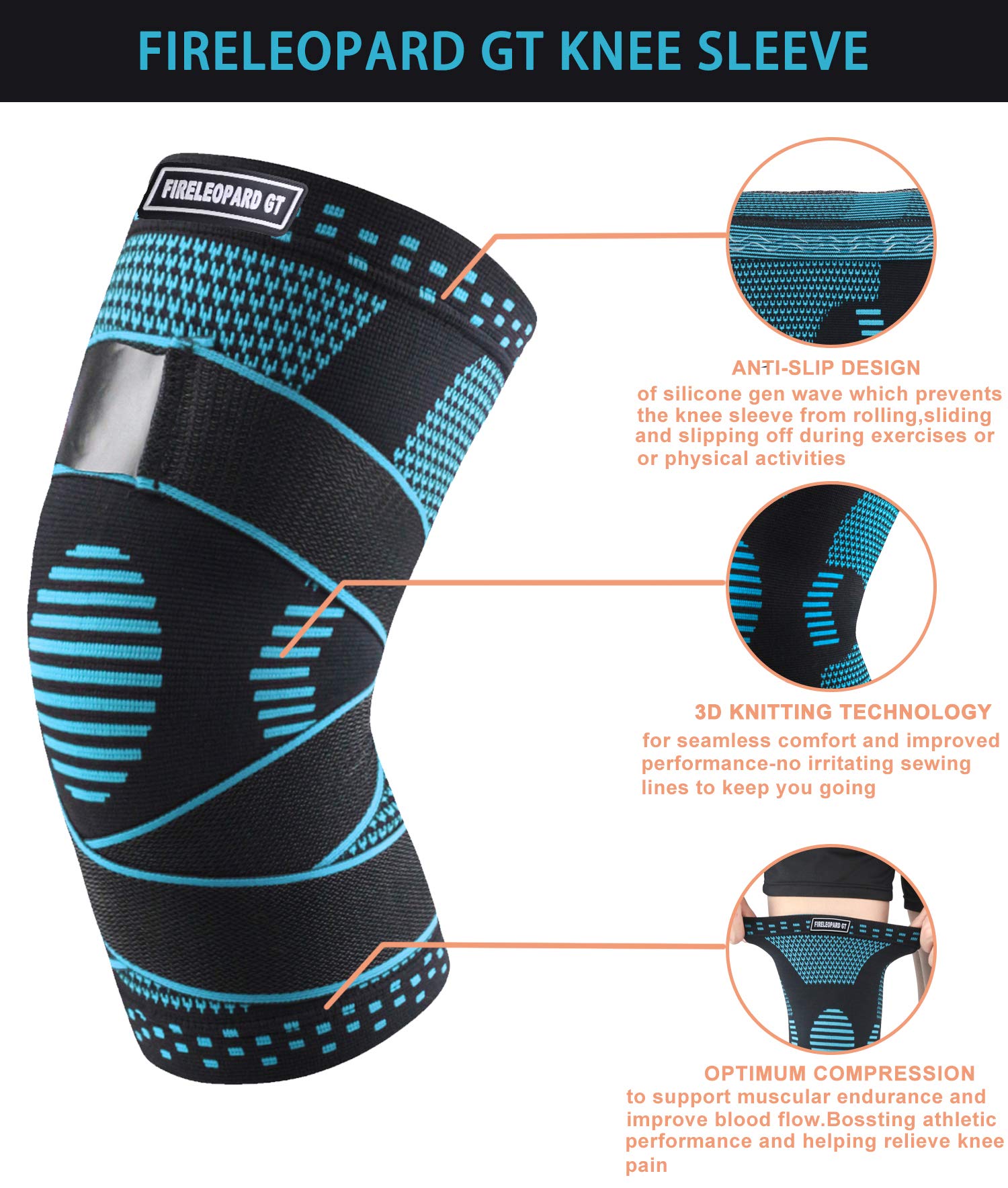 FIRELEOPARD GT 2 Pack Knee Compression Sleeve,Knee Brace Support for Men & Women,Premium Recovery for Meniscus Tear, ACL, MCL Running,Arthritis, Biking & Sports (Blue, X-Large)