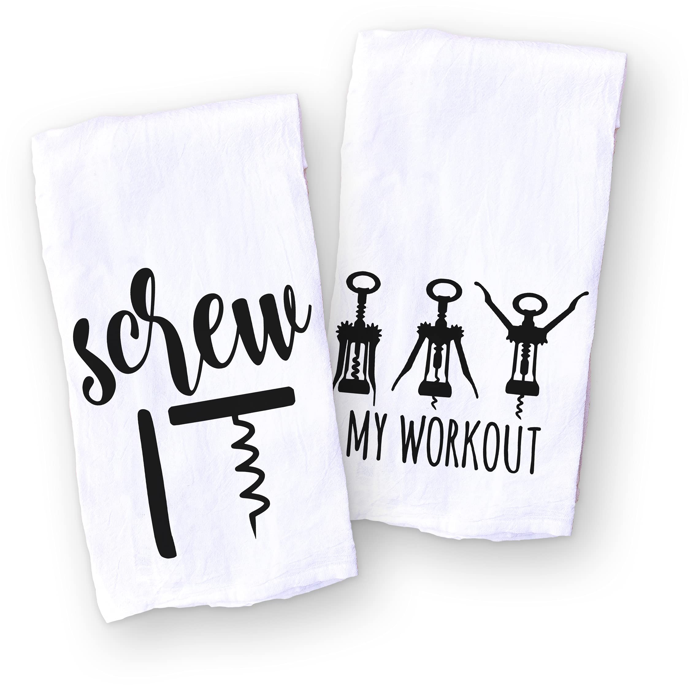 Handmade Funny Kitchen Towel Set - 100% Cotton Funny Hand Bar Towels for Wine Lovers - 28x28 Inch Perfect for Hostess Housewarming Christmas Mother’s Day Birthday Gift (Screw & My Workout)