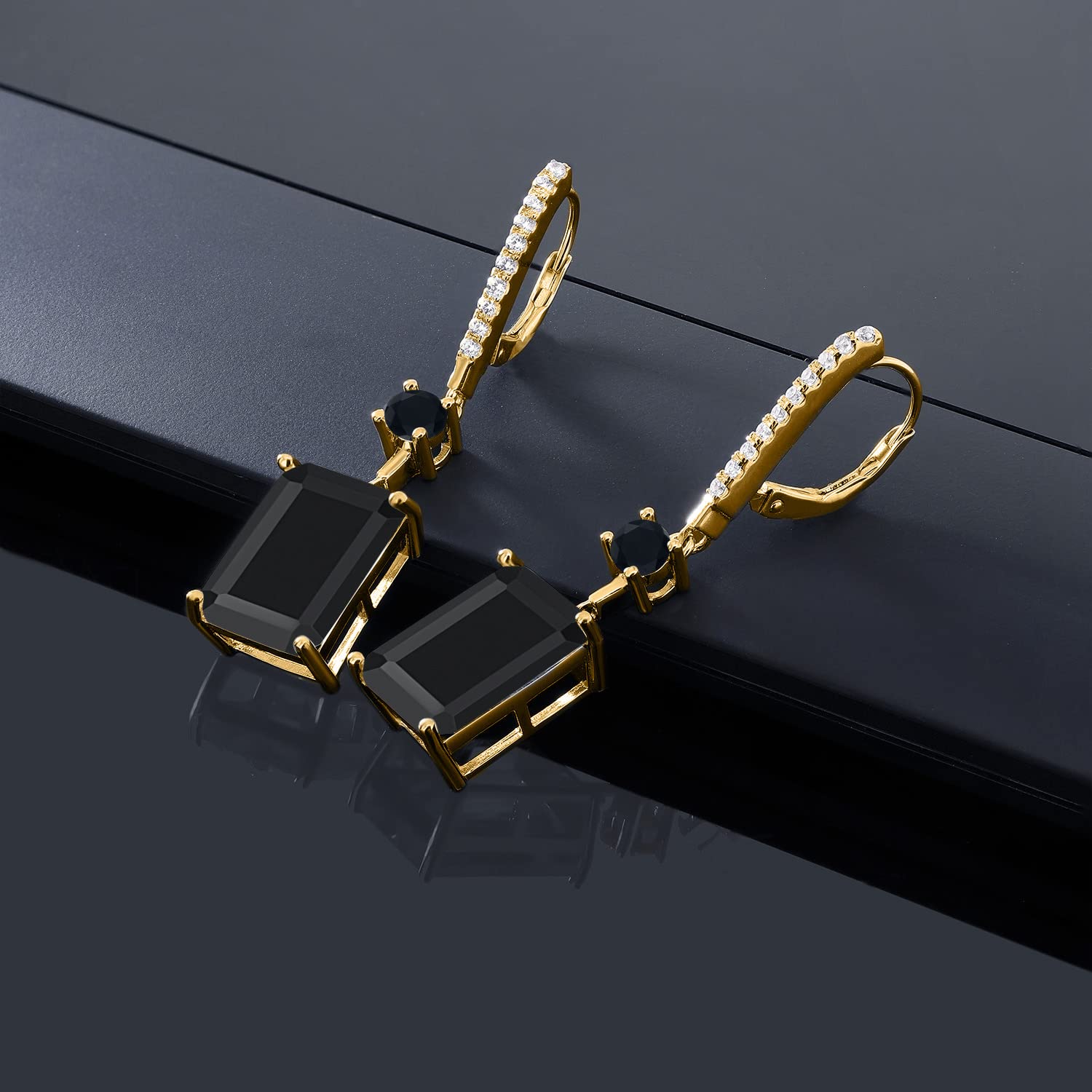 Gem Stone King 18K Yellow Gold Plated Silver Black Onyx Earrings For Women (13.94 Cttw, Gemstone Birthstone, Emerald Cut 14X10MM)