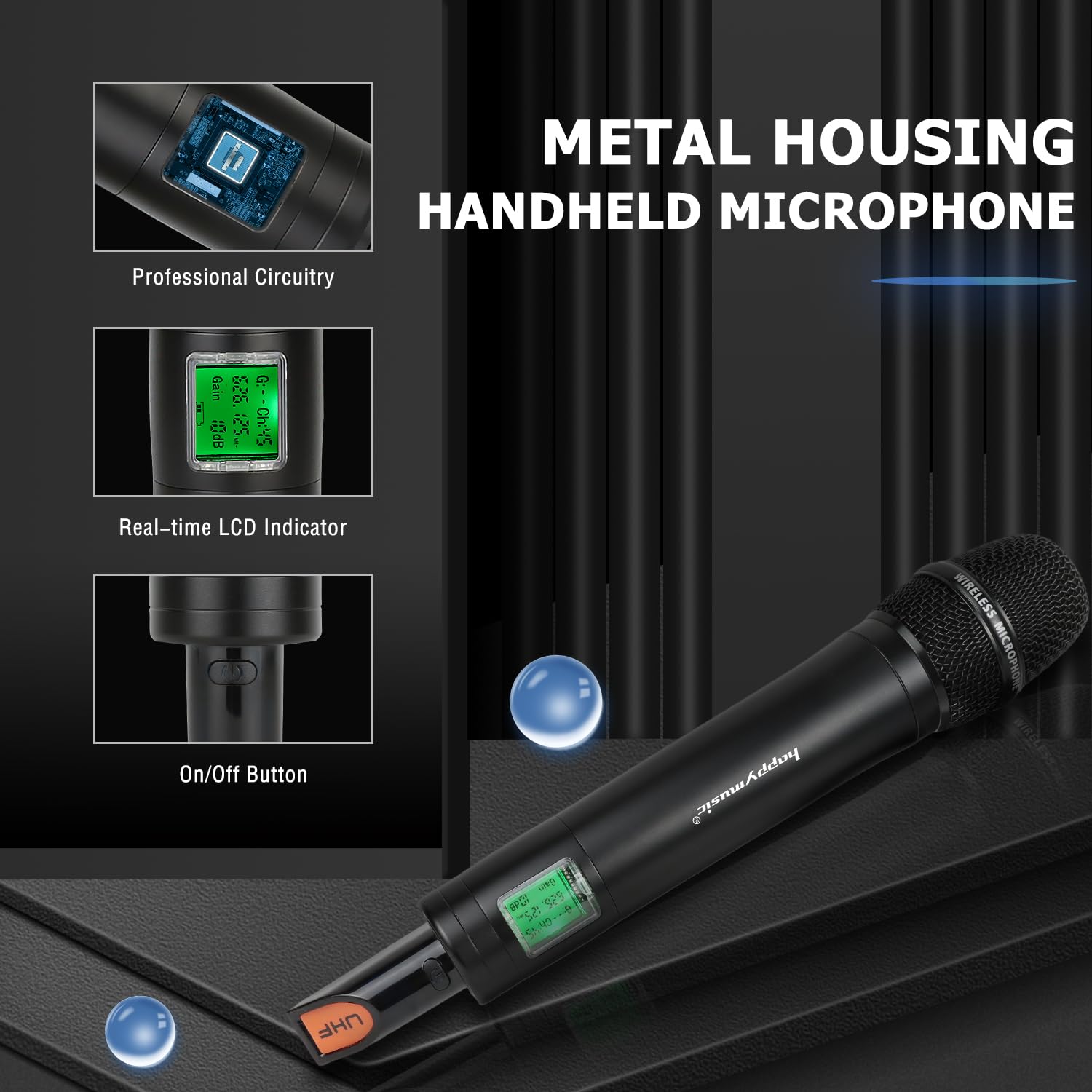 happymusic Professional UHF Wireless Microphone System, 2 Channel Metal Microphone Set of 2 Handheld Cordless Mics, Auto Scan, Up to 350ft for Singing, Home Karaoke, Church, Wedding (UT22)
