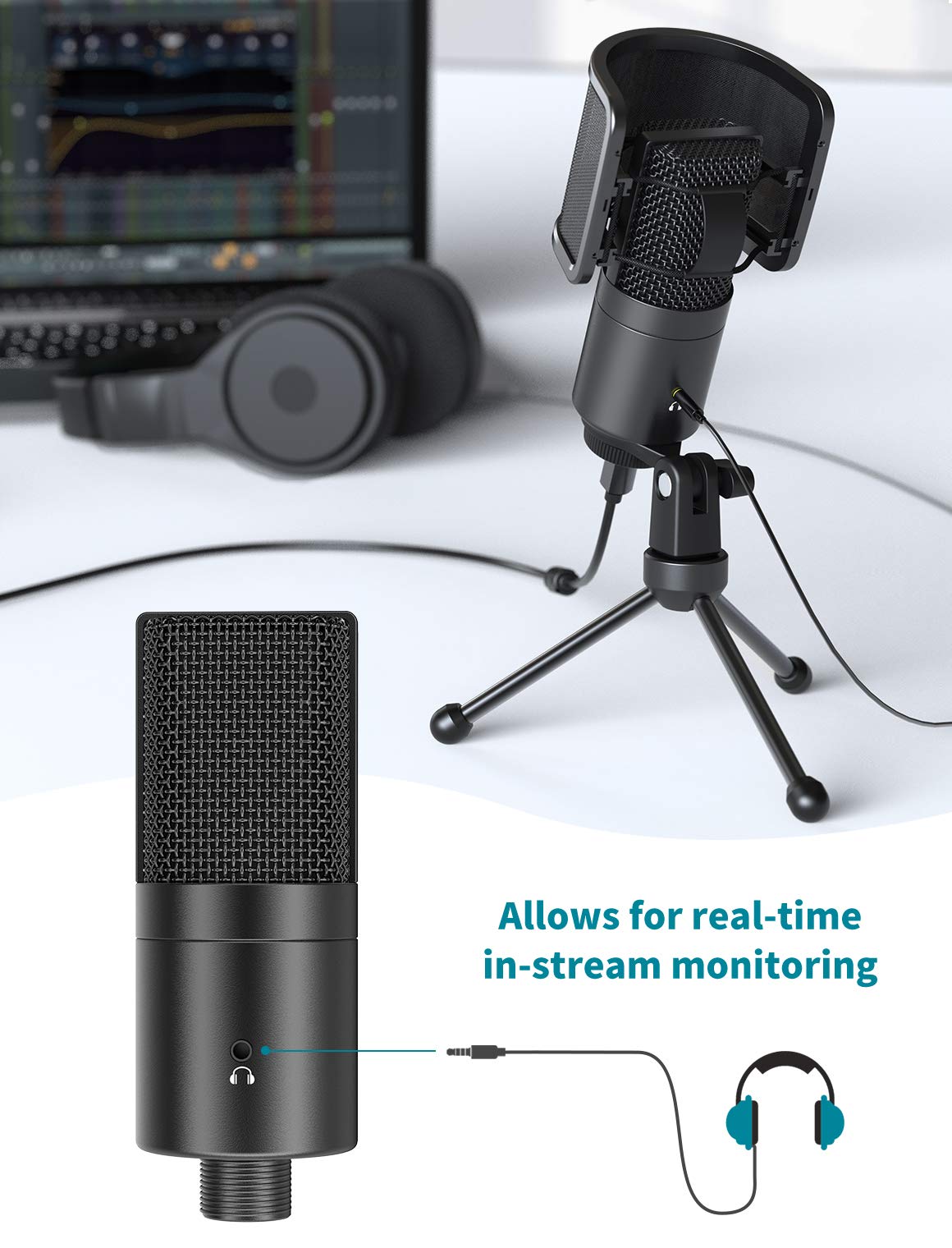 FIFINE USB Desktop Microphone 3.5mm/6.35mm Headphones for Studio Monitor, PC Microphone with Gain Control and Mute Button, Black Podcast Headphones with Coiled Cables, Soft Earmuffs (K683A+H8)