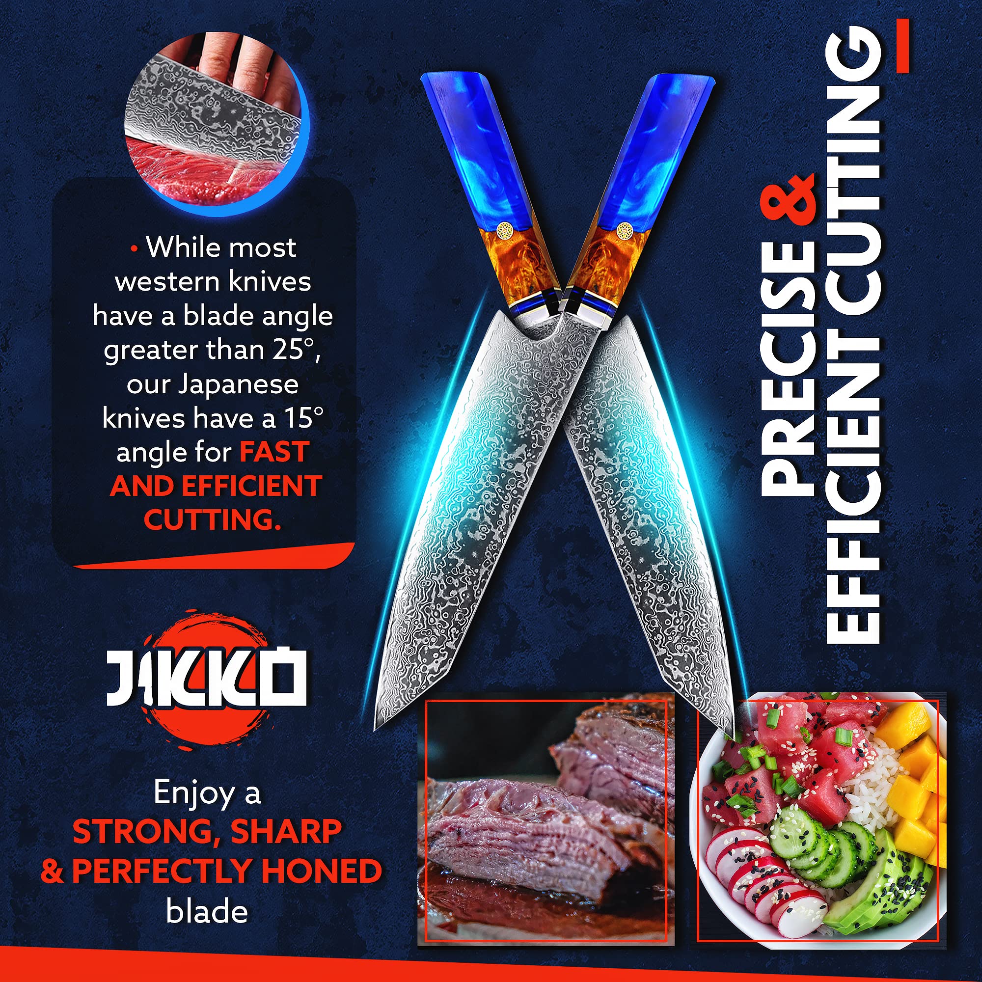 Jikko New Japanese Damascus Chef knife 13" Inch with Approved HRC60 Sharp Blade - Original model - Chef Knife with Ultra-Sharp Damascus Steel Blade and Rare Cocobolo Wood Handle