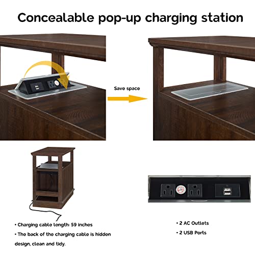 NBBOTBOT End Table with Charging Station, Side Table with USB Ports and Outlets, Nightstand with Adjustable Shelves, Narrow Side Table with Storage Cabinet for Living Room, Dark Brown