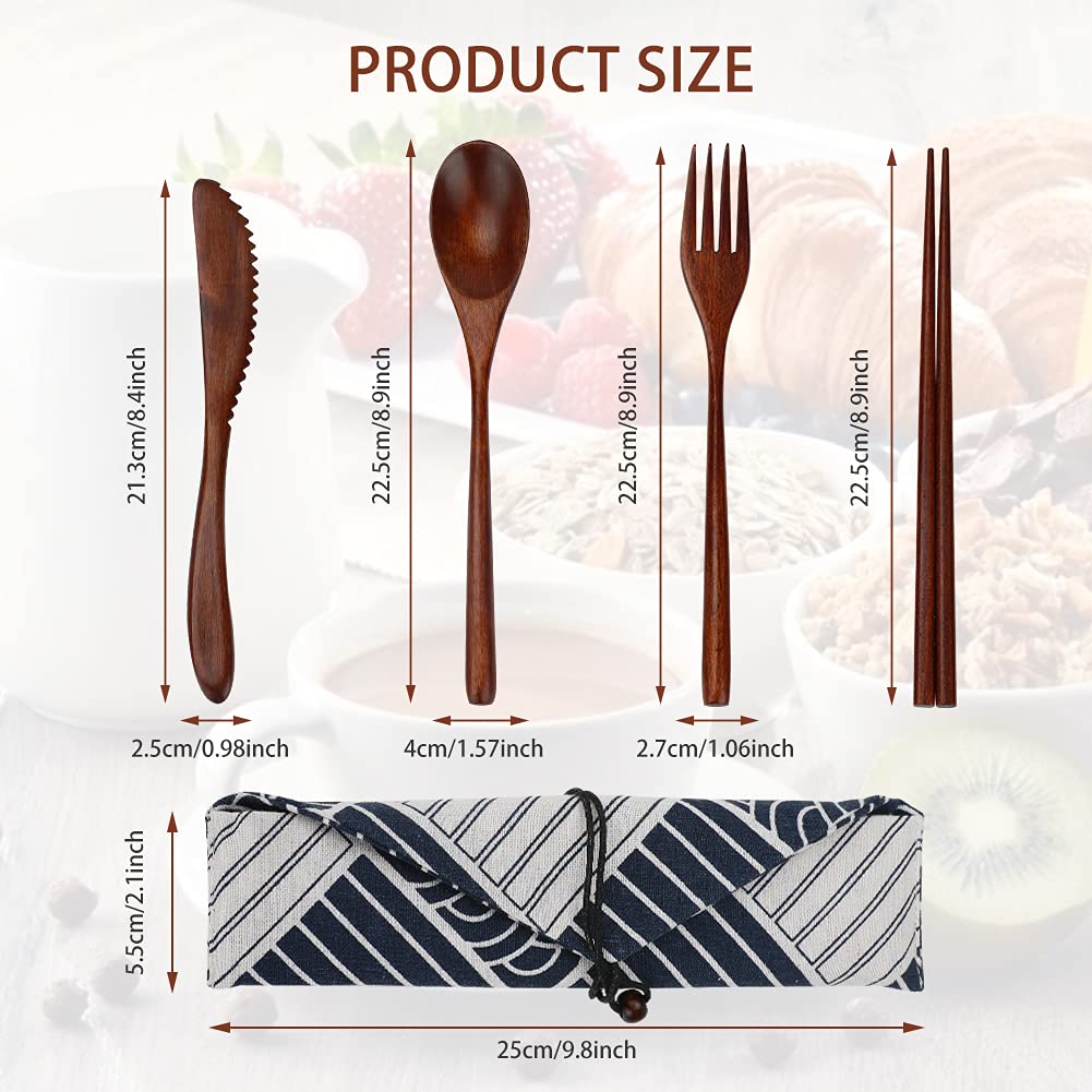 Ideashop Wooden Cutlery Set 16 PCS Reusable Flatware Set, Portable Wooden Utensils for Eating Includes Wooden Knife, Fork, Spoon, Chopsticks, with Pouch for Household Office Camping Traveling