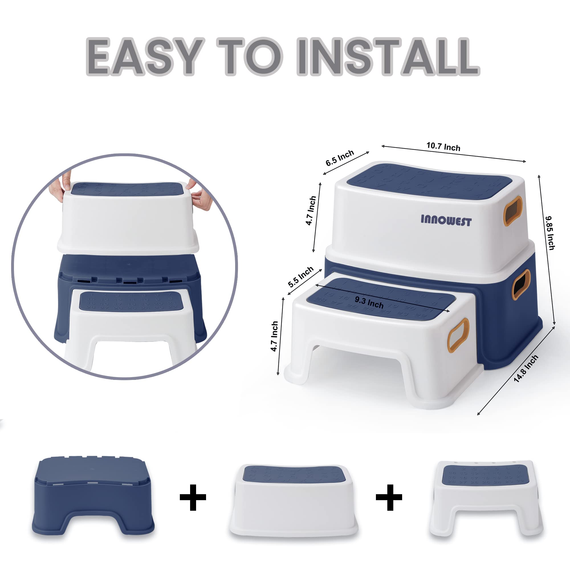 INNOWEST 2 Step Stool for Kids, Anti-Slip Sturdy Toddler Two Step Stool for Toilet Potty Training, Bathroom,Kitchen, Slip Resistant,Stools for Safety Dual Height & Wide Two Step (Blue)