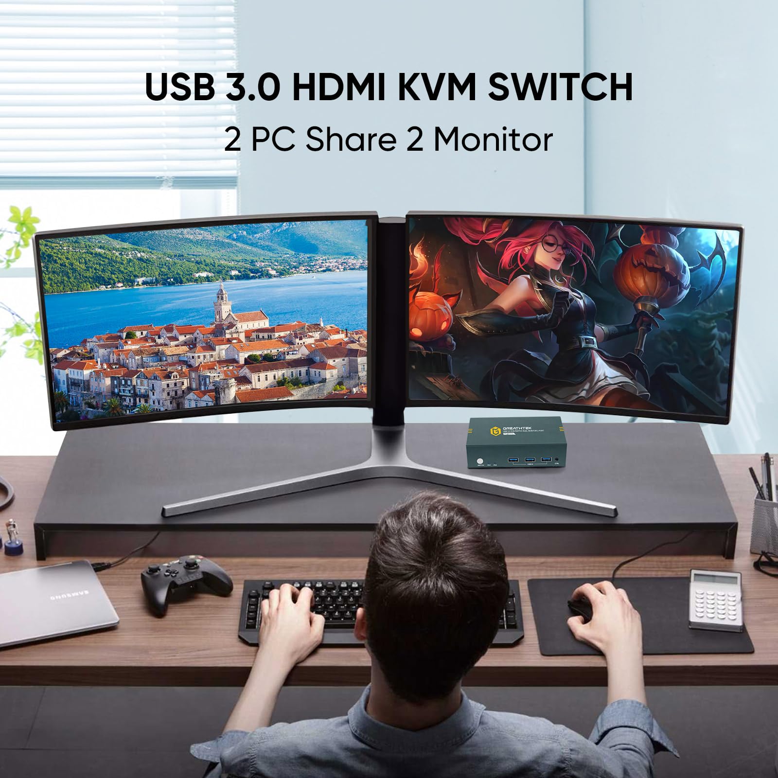 HDMI KVM Switch 4 Port 4K@30Hz with 3 USB 1.1 Ports Support Wired Keypad & Button Switch, KVM for 4 Computers Share 1 Monitor Plug and Play, with 4 HDMI USB Combo Cables and USB Cables