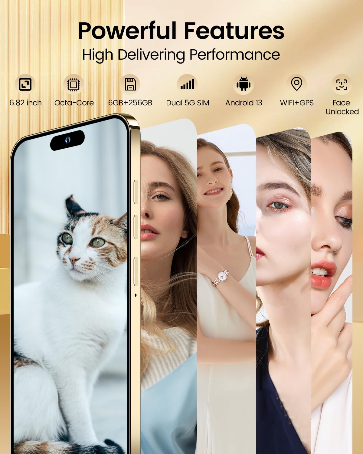 Echoamo A14 Pro Max Unlocked Smartphone, 5G Cell Phone 6GB+256GB Smartphone Android 13, 6000mAh Battery, 6.82" FHD+ Display 120Hz 64MP Camera, Dual SIM Octa-Core Phone GPS/Fingerprint/Face ID 5G Gold